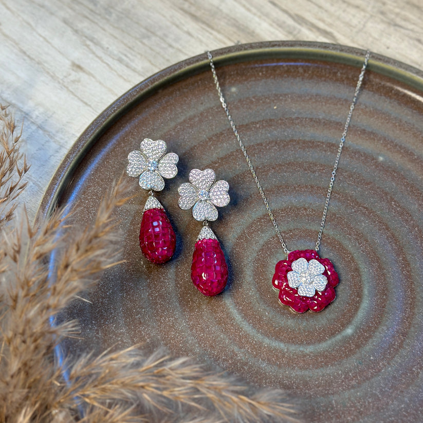 Ruby Raindrop Blossom Necklace Set – Sterling Petals